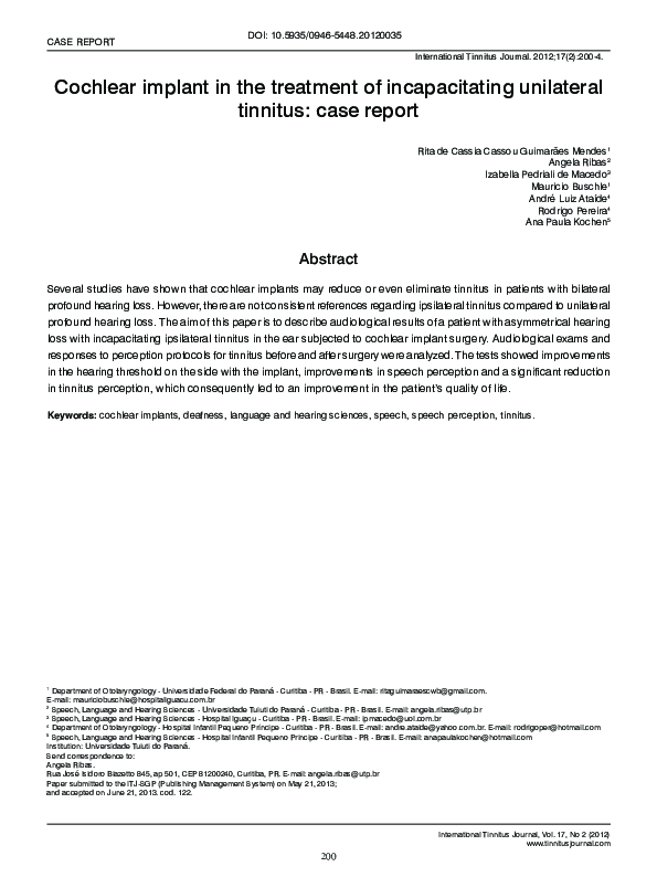 (PDF) Cochlear implant in the treatment of incapacitating unilateral tinnitus: case report