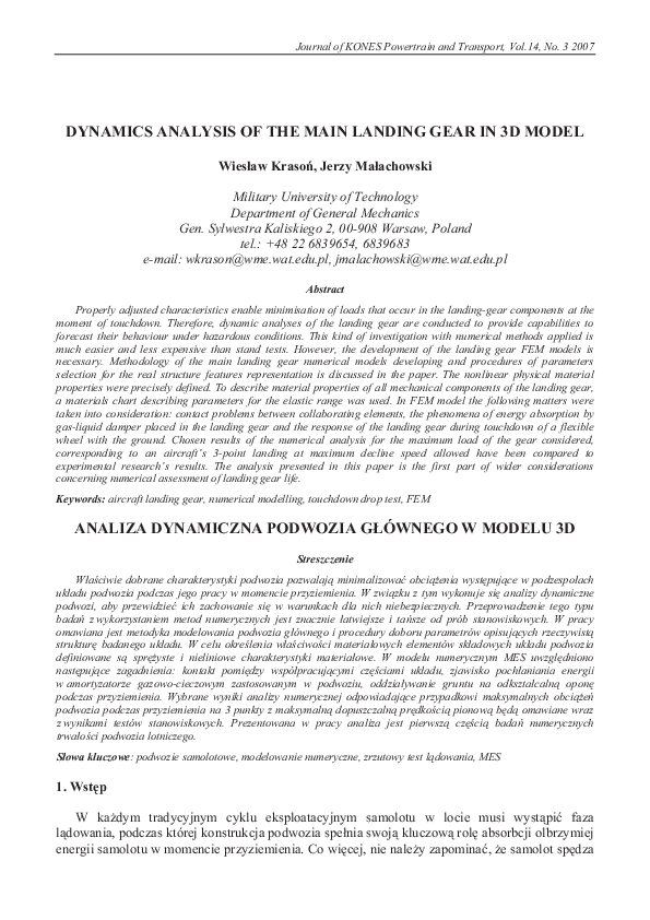 (PDF) Dynamics Analysis of the Main Landing Gear in 3D Model