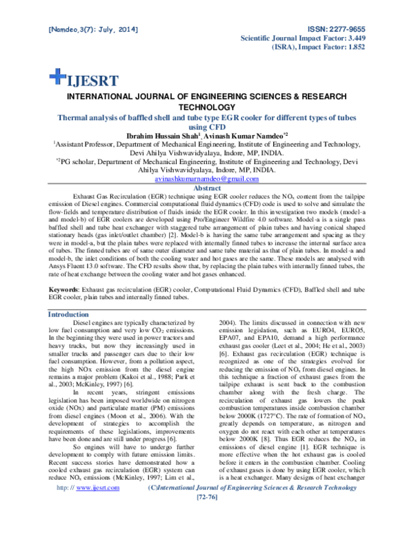 (PDF) Thermal analysis of baffled shell and tube type EGR cooler for ...