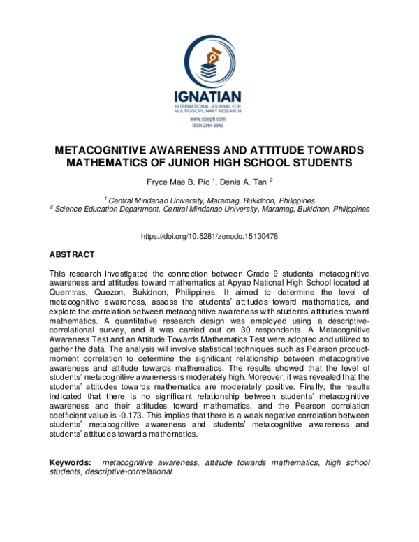 (PDF) METACOGNITIVE AWARENESS AND ATTITUDE TOWARDS MATHEMATICS OF JUNIOR HIGH SCHOOL STUDENTS