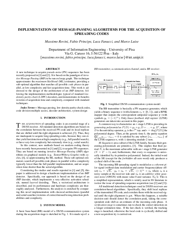 (PDF) Implementation of message-passing algorithms for the acquisition of spreading codes