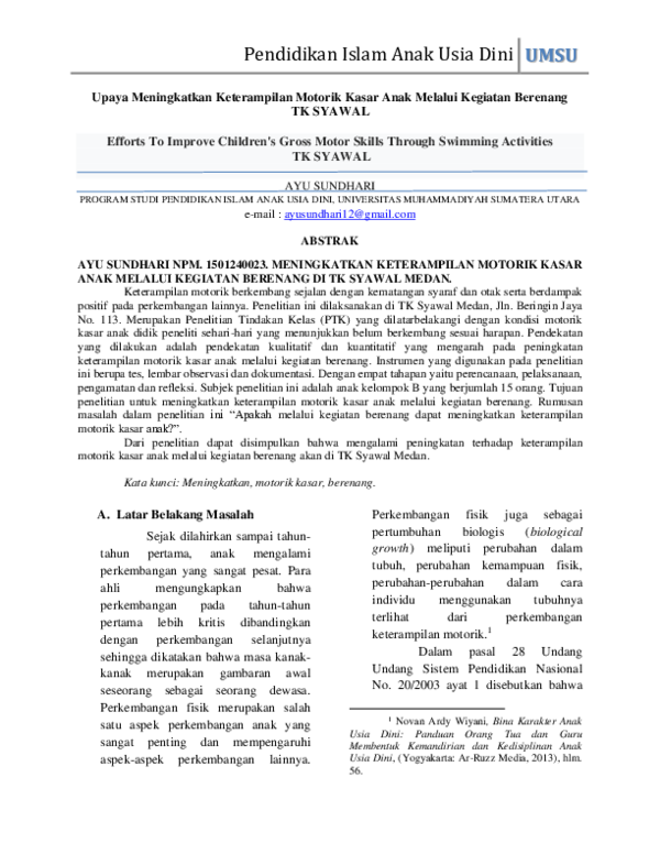 (PDF) UPAYA MENINGKATKAN KETERAMPILAN MOTORIK KASAR ANAK MELALUI KEGIATAN BERENANG DI TK SYAWAL