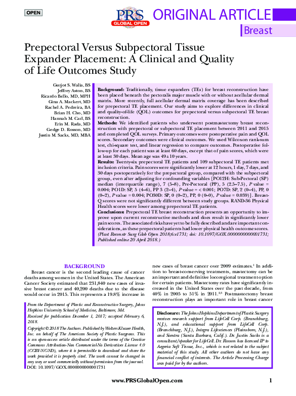 (PDF) Prepectoral Versus Subpectoral Tissue Expander Placement: A ...