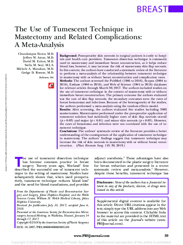 (PDF) The Use of Tumescent Technique in Mastectomy and Related ...