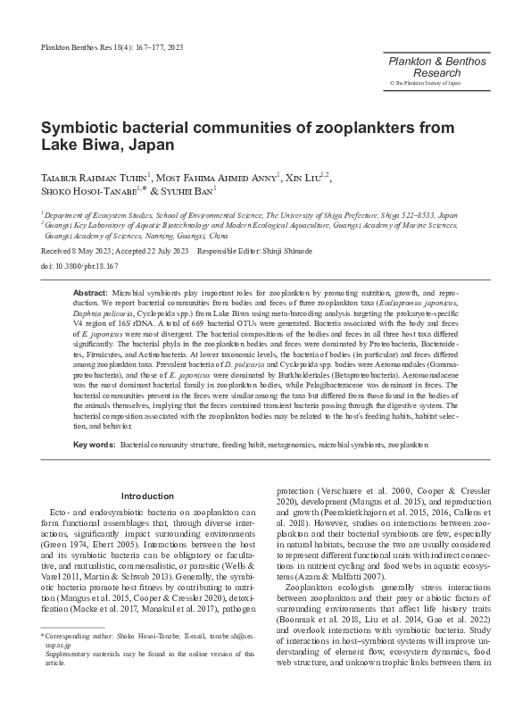 (PDF) Symbiotic bacterial communities of zooplankters from Lake Biwa, Japan