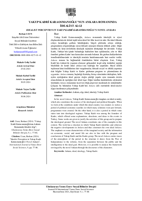 (PDF) YAKUP KADRİ KARAOSMANOĞLU'NUN ANKARA ROMANINDA İDEALİST ALGI IDEALIST PERCEPTION IN YAKUP ...