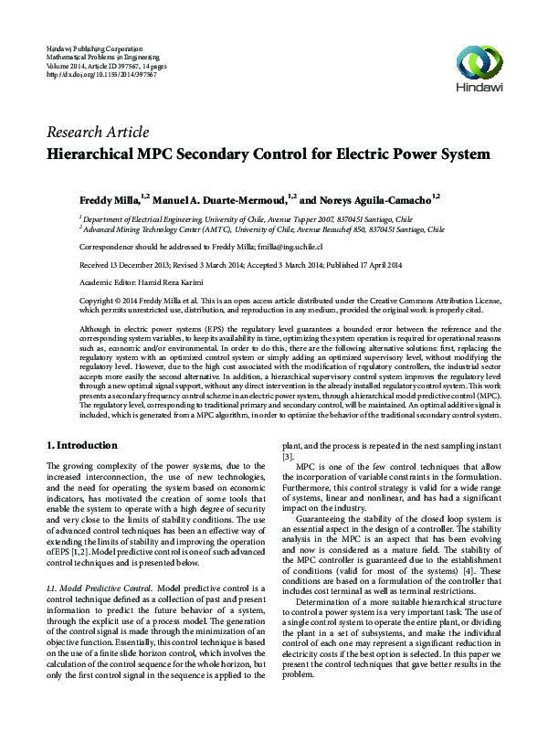 (PDF) Hierarchical MPC Secondary Control for Electric Power System
