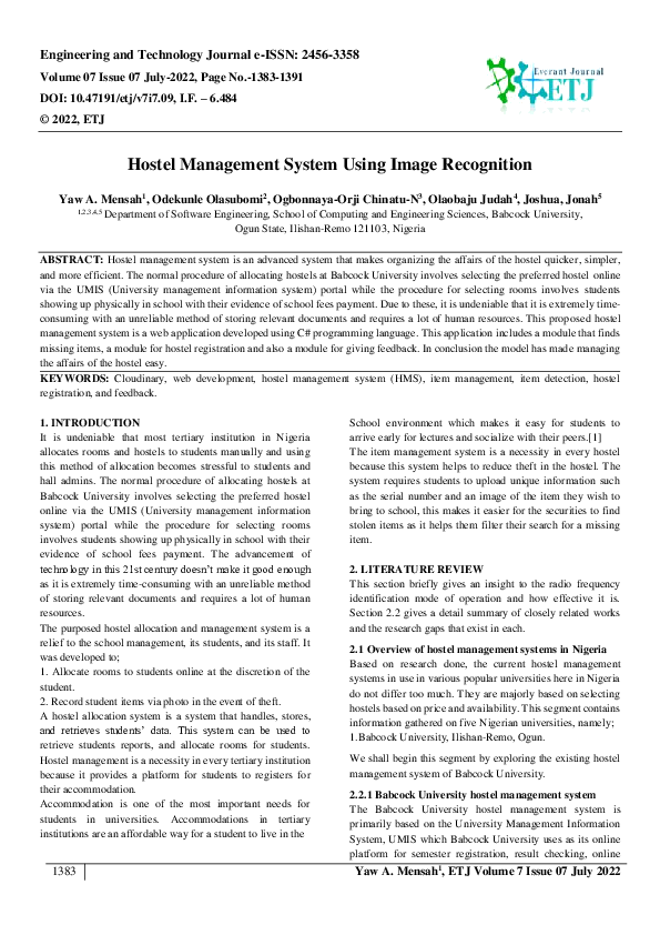 (PDF) Hostel Management System Using Image Recognition