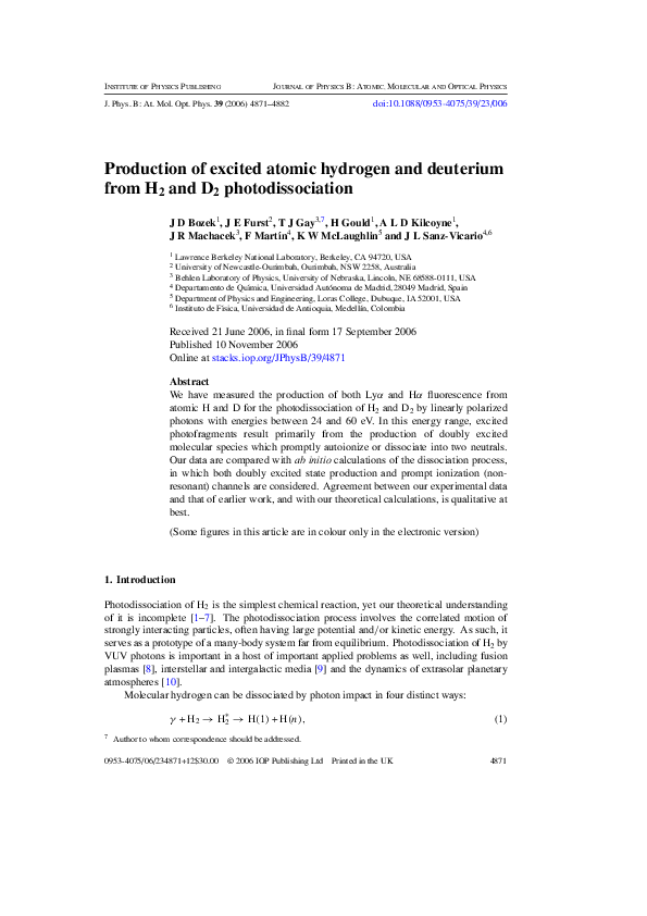 (PDF) Production of excited atomic hydrogen and deuterium from H2and D2photodissociation