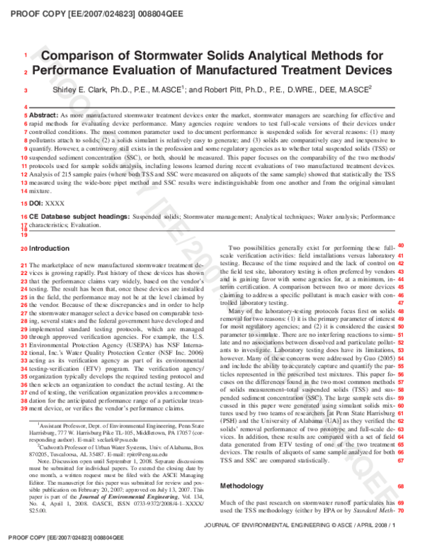 (PDF) Comparison of Stormwater Solids Analytical Methods for Performance Evaluation of ...