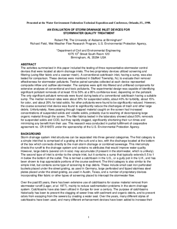 (PDF) An evaluation of storm drainage inlet devices for stormwater ...