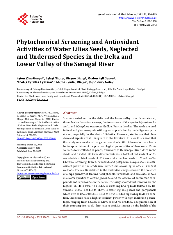 (PDF) Phytochemical Screening and Antioxidant Activities of Water Lilies Seeds, Neglected and ...