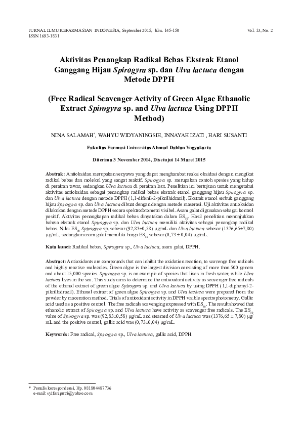 (PDF) Aktivitas Penangkap Radikal Bebas Ekstrak Etanol Ganggang Hijau ...