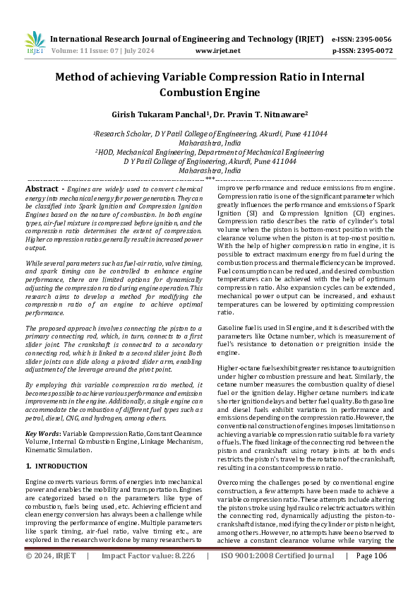 (PDF) Method of achieving Variable Compression Ratio in Internal ...