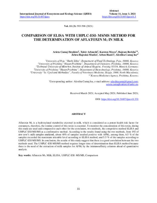 (PDF) Comparison of Elisa with Uhplc-Esi- MS/MS Method for the Determination of Aflatoxin M1 in Milk