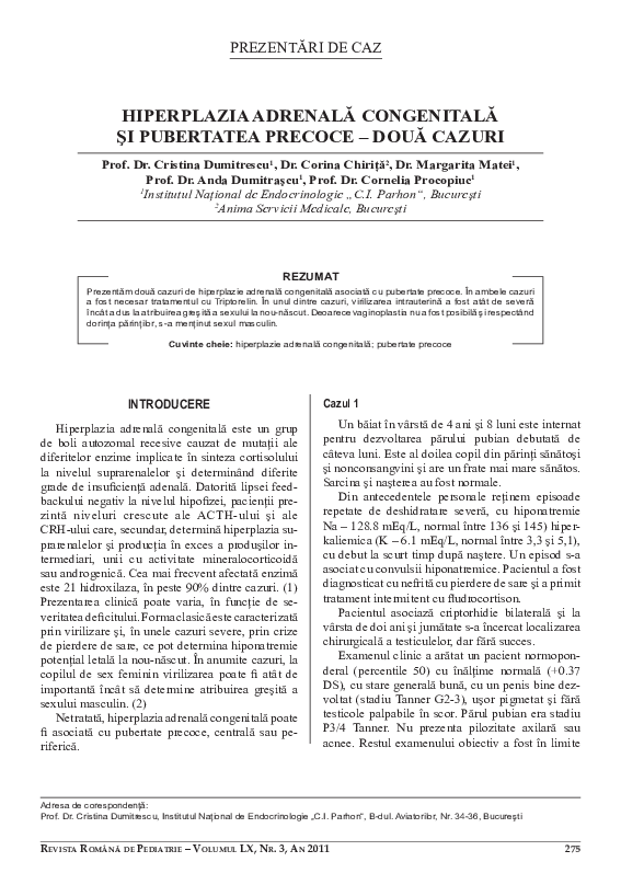 (PDF) Hiperplazia Adrenală Congenitală Şi Pubertatea Precoce – Două Cazuri