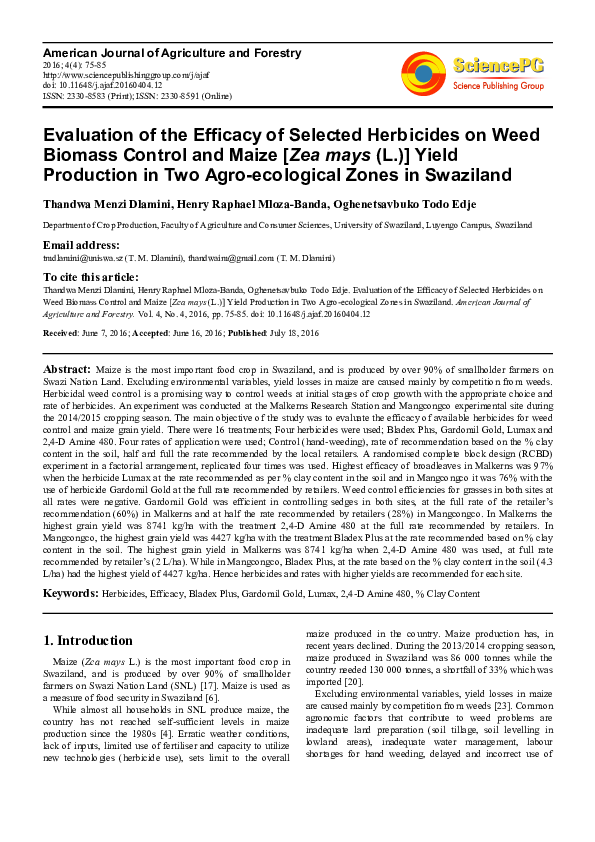 (PDF) Evaluation of the Efficacy of Selected Herbicides on Weed Biomass ...