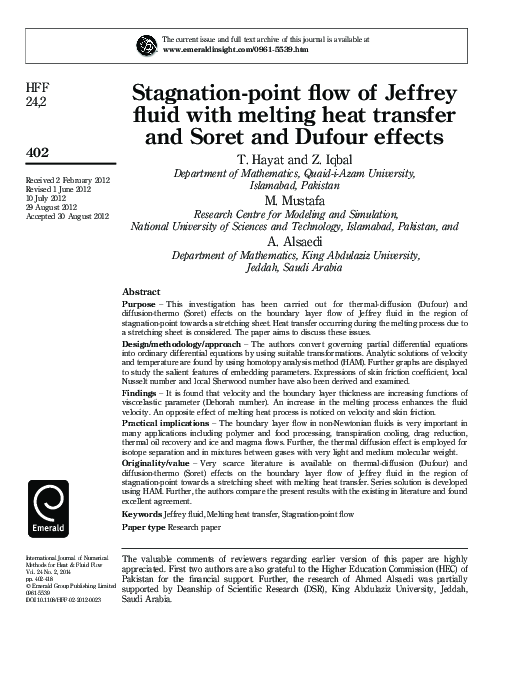 (PDF) Stagnation-point flow of Jeffrey fluid with melting heat transfer and Soret and Dufour effects