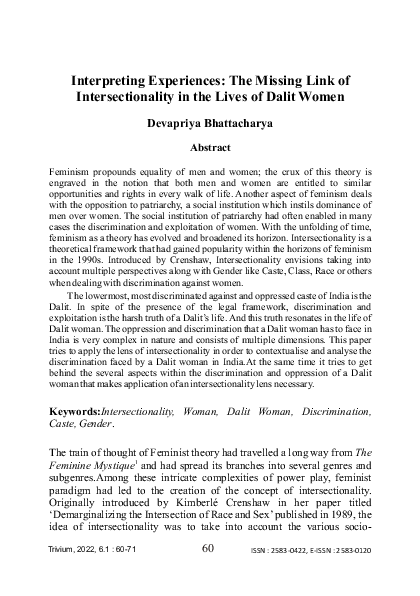 (PDF) Interpreting Experiences: The Missing Link of Intersectionality in the Lives of Dalit Women