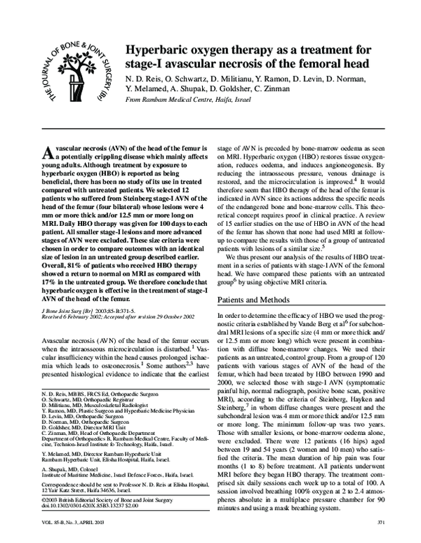 (PDF) Hyperbaric oxygen therapy as a treatment for stage-I avascular necrosis of the femoral head