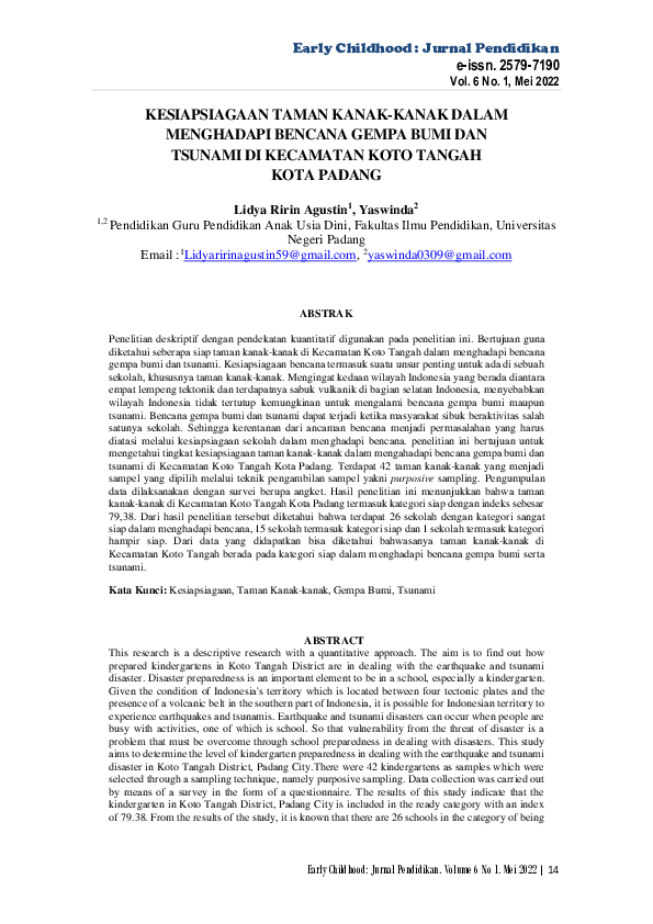 (PDF) Kesiapsiagaan Taman Kanak-Kanak Dalam Menghadapi Bencana Gempa Bumi Dan Tsunami DI ...