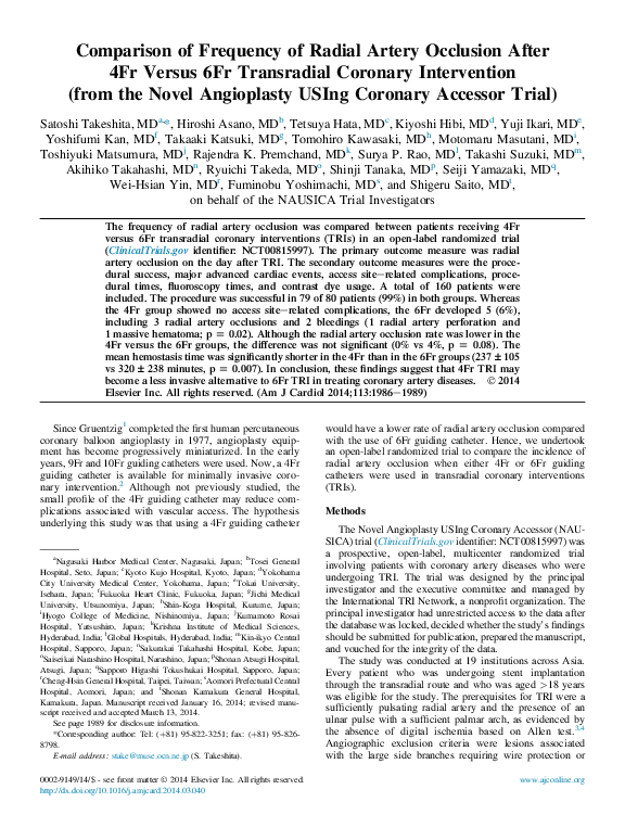 (PDF) Comparison of Frequency of Radial Artery Occlusion After 4Fr ...