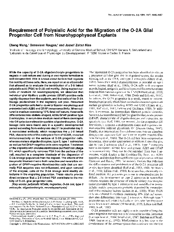 (PDF) Requirement of polysialic acid for the migration of the O-2A glial progenitor cell from ...