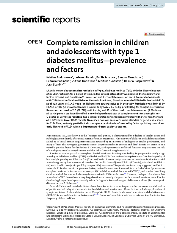 (PDF) Complete remission in children and adolescents with type 1 ...