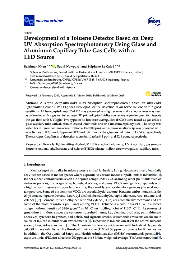 (PDF) Development of a Toluene Detector Based on Deep UV Absorption ...