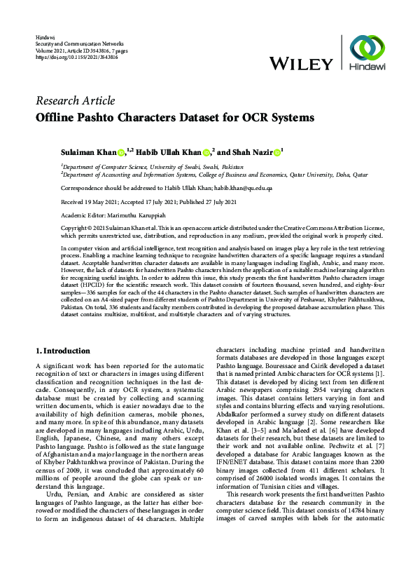 (PDF) Offline Pashto Characters Dataset for OCR Systems