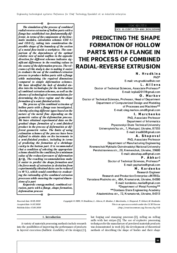 (PDF) Predicting the shape formation of hollow parts with a flange in the process of combined ...