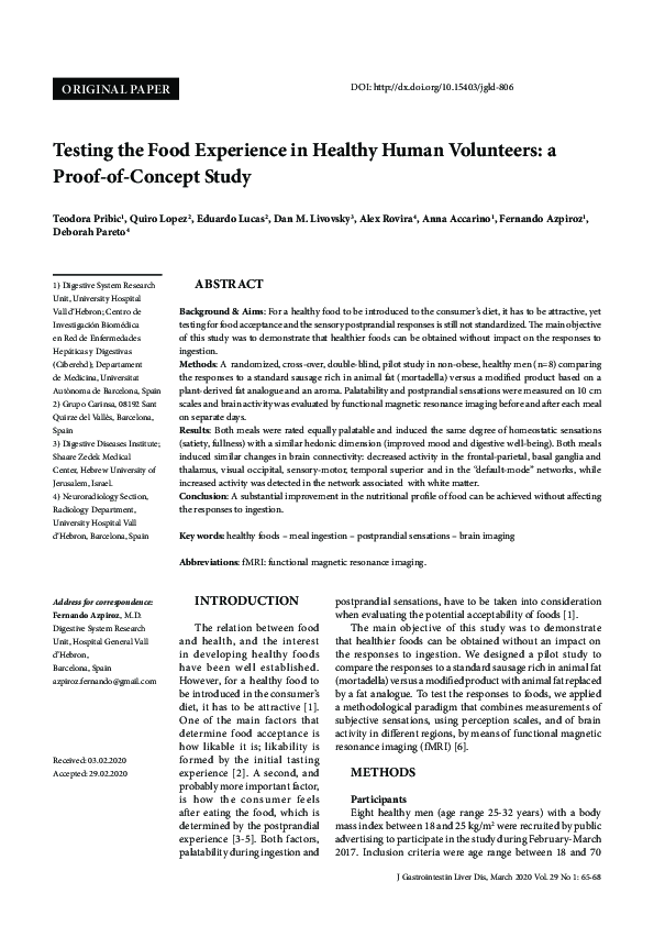 (PDF) Testing the Food Experience in Healthy Human Volunteers: a Proof ...