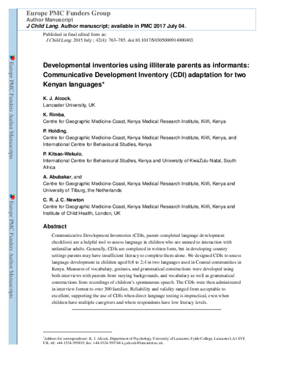 (PDF) Developmental inventories using illiterate parents as informants ...