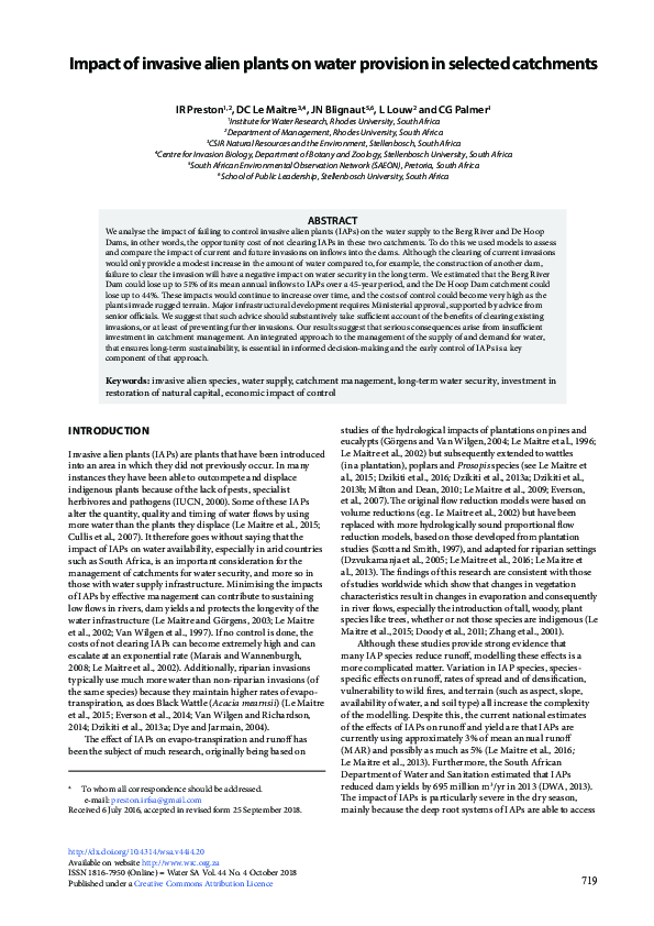 (PDF) Impact of invasive alien plants on water provision in selected ...