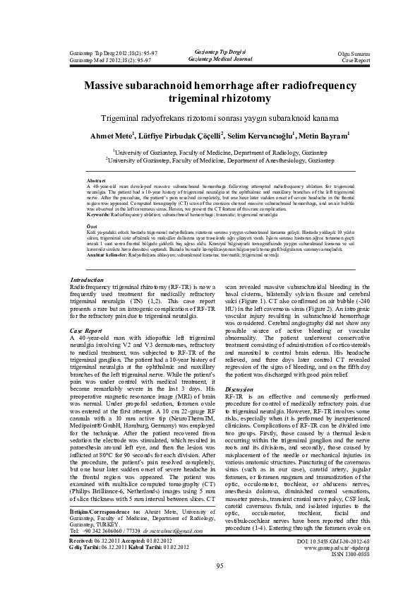 (PDF) Massive subarachnoid hemorrhage after radiofrequency trigeminal ...
