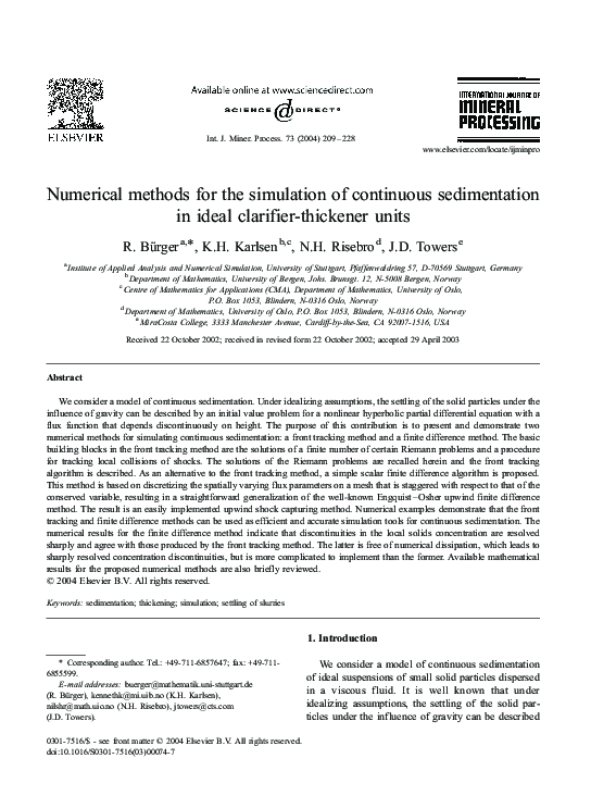 (PDF) Numerical methods for the simulation of continuous sedimentation ...