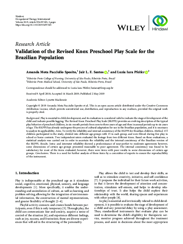 (PDF) Validation of the Revised Knox Preschool Play Scale for the ...
