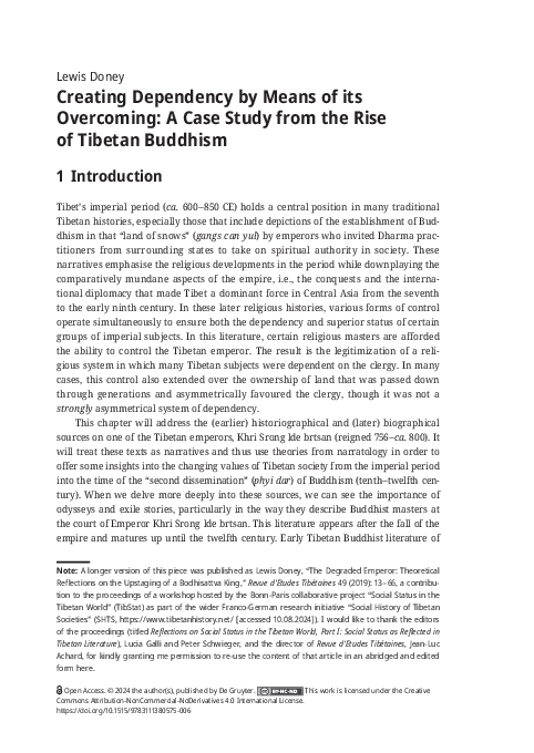 (PDF) Creating Dependency by Means of its Overcoming: A Case Study from the Rise of Tibetan Buddhism