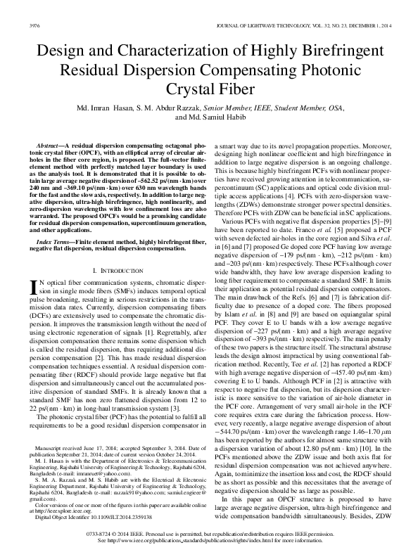 (PDF) Design and Characterization of Highly Birefringent Residual Dispersion Compensating ...