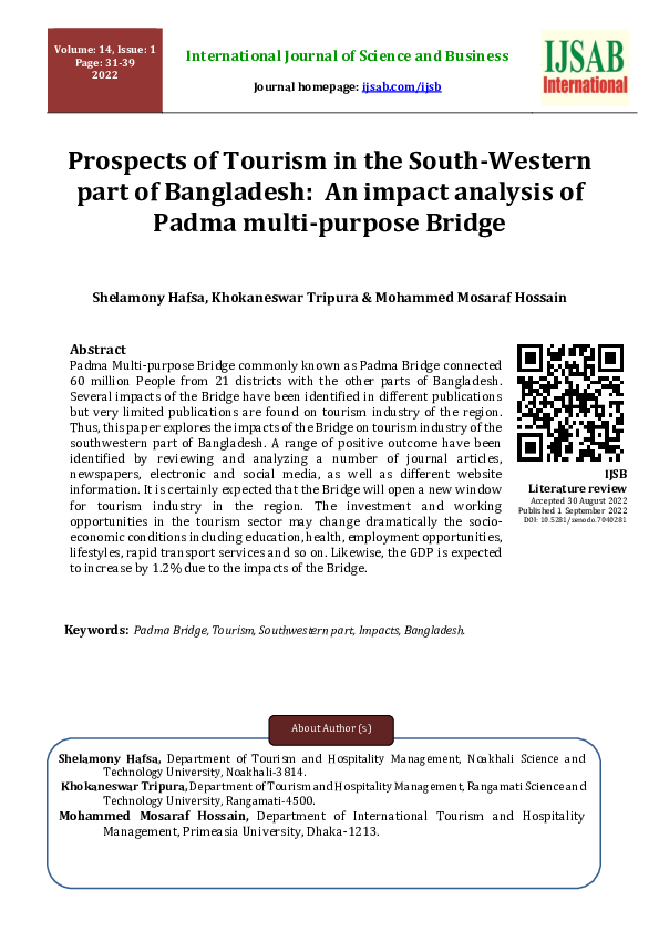 (PDF) Prospects of Tourism in the South-Western part of Bangladesh: An impact analysis of Padma ...