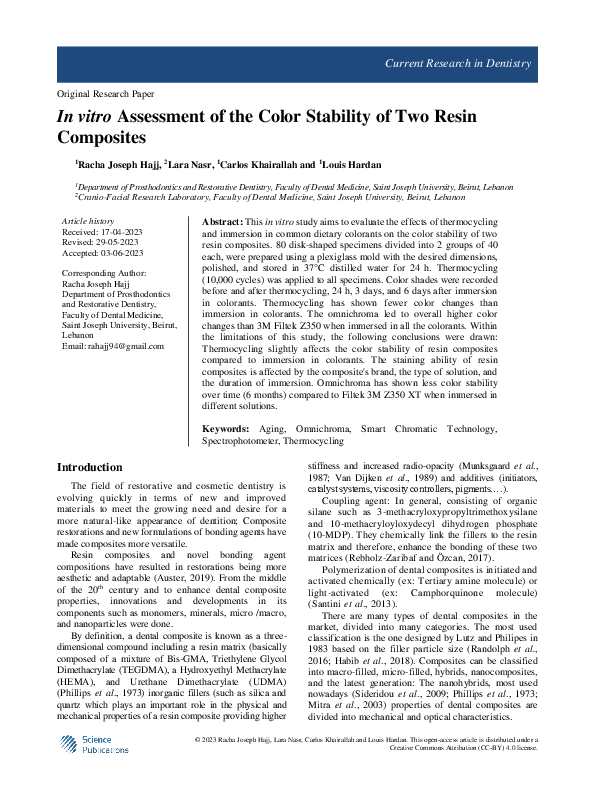 (PDF) In vitro Assessment of the Color Stability of Two Resin Composites