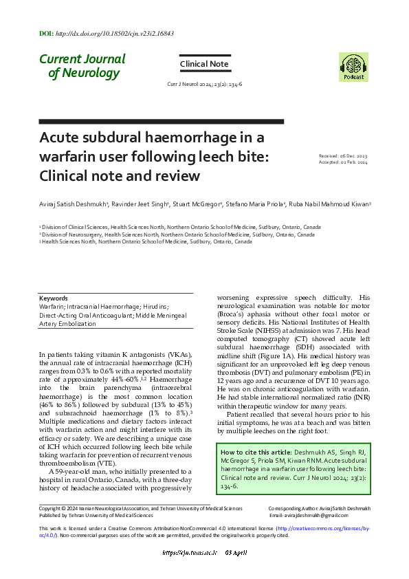 (PDF) Acute subdural haemorrhage in a warfarin user following leech ...