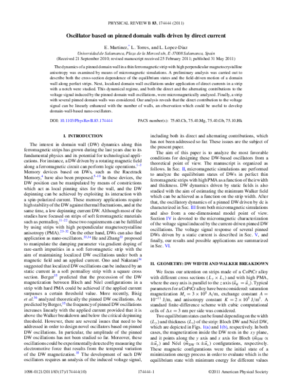 (PDF) Oscillator based on pinned domain walls driven by direct current