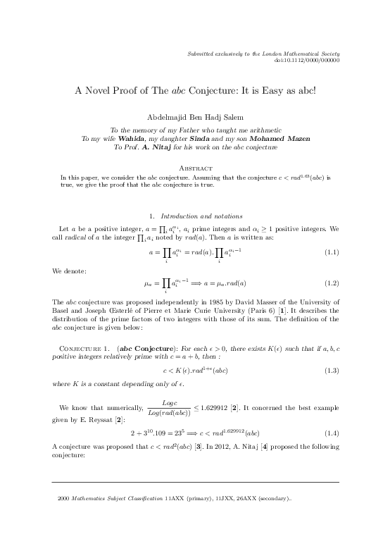 (PDF) A Novel Proof of The abc Conjecture: It is Easy as abc