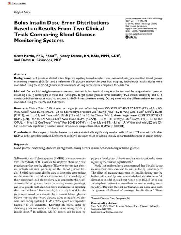 (PDF) Bolus Insulin Dose Error Distributions Based on Results From Two ...