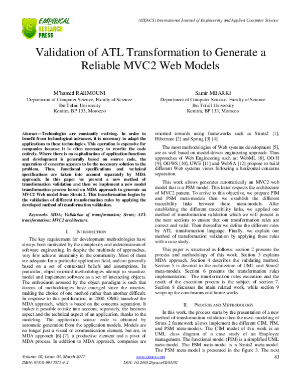 (PDF) Validation of ATL Transformation to Generate a Reliable MVC2 Web Models
