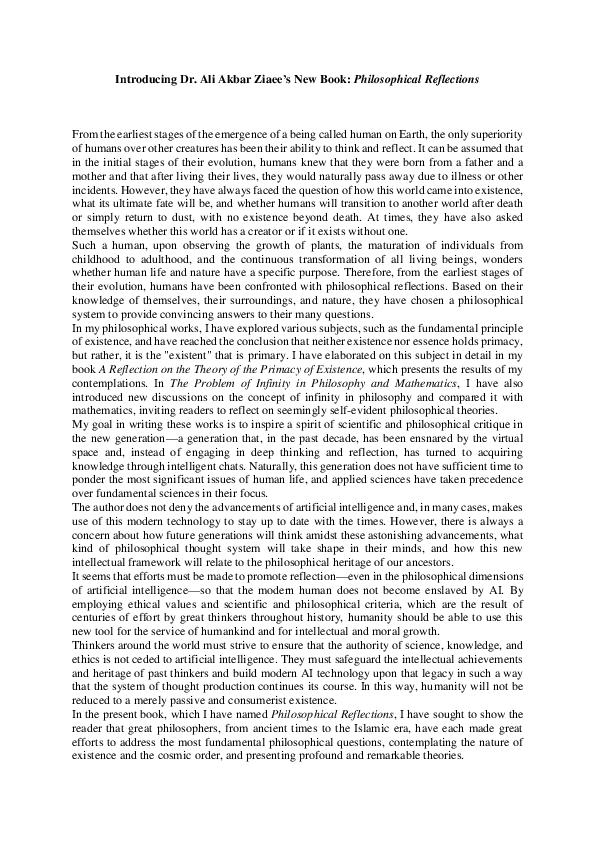 (PDF) Introducing Dr. Ali Akbar Ziaee's New Book: Philosophical Reflections