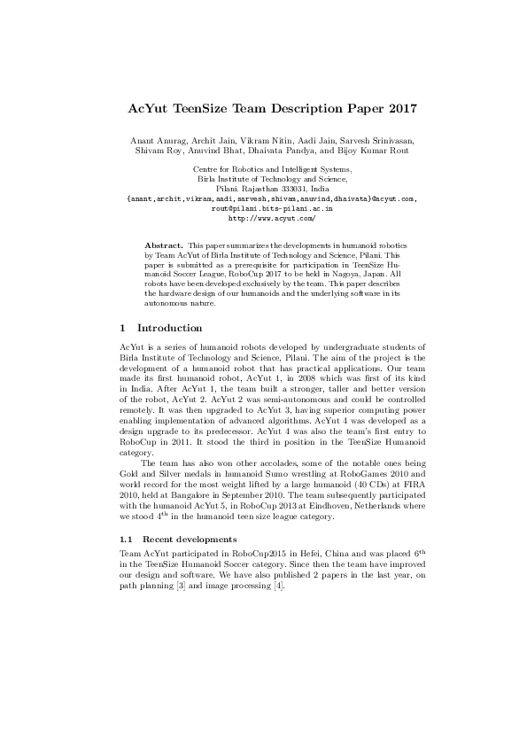 (PDF) AcYut TeenSize Team Description Paper 2017