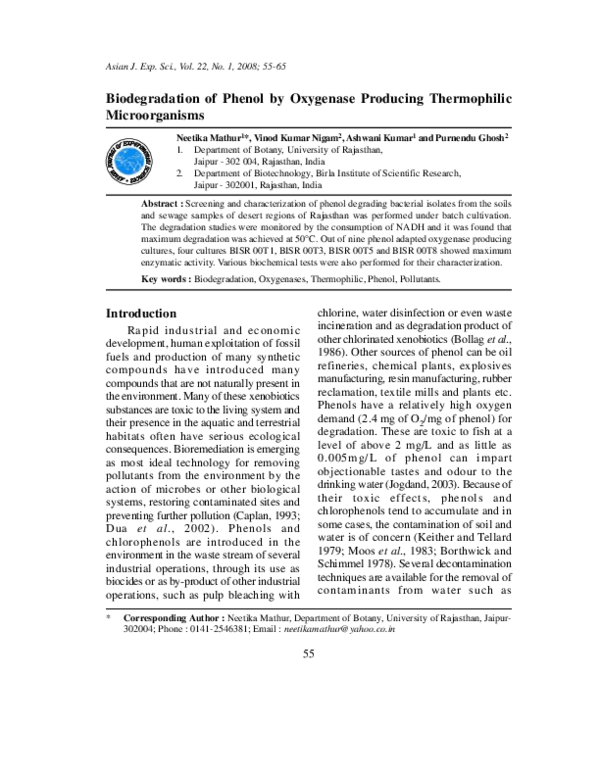 (PDF) Biodegradation of Phenol by Oxygenase Producing Thermophilic ...