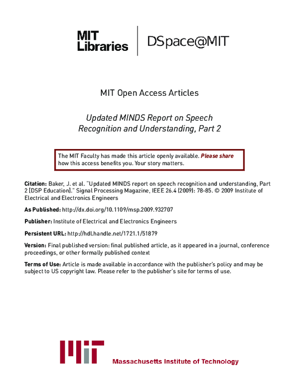 (PDF) Updated MINDS report on speech recognition and understanding, Part 2 [DSP Education]
